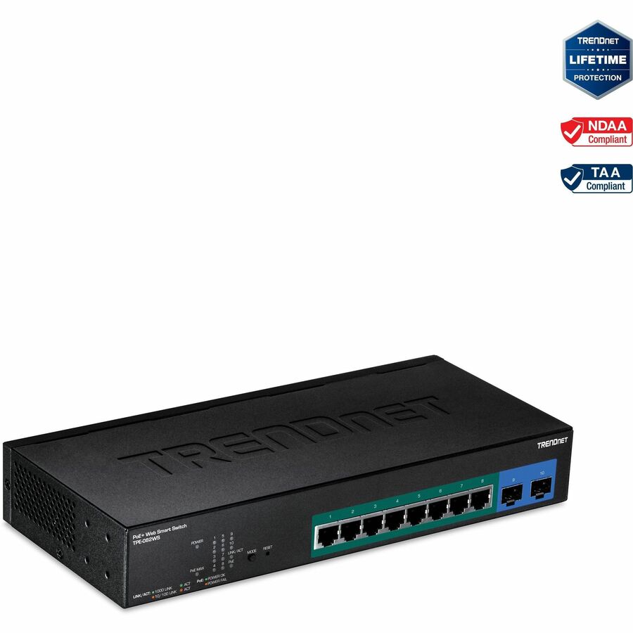 TRENDnet 10-Port Gigabit Web Smart PoE+ Switch, 8 x Gigabit PoE+ Ports, 2 x SFP Slots, Vlan, QoS ...